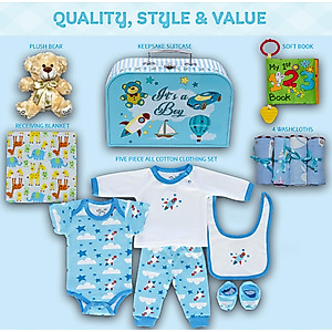 Welcome to The World Baby Boy Suitcase, Baby Layette Set and New Baby Essentials in A Keepsake Suitcase Box, Blue, Medium Baby Boy Gift Set - Nikki’s Gift Baskets