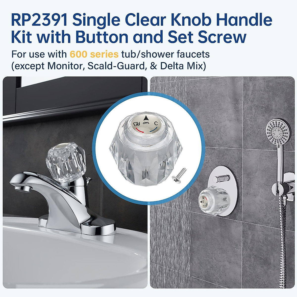 RP2391 Shower Faucet Handle Replacement for Delta Shower Handle Single Clear Knob Handle Kit with Offset Hole for Shower/Tub