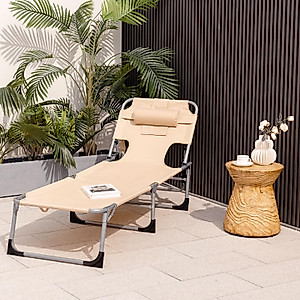 Moccha Folding Tanning Chair, Beach Lounger with Face Hole, 5-Position Adjustable Backrest, Side Pocket, Removable Pillow, Portable Bench Lounge Chairs for Outside Patio Pool Lawn (1, Beige)