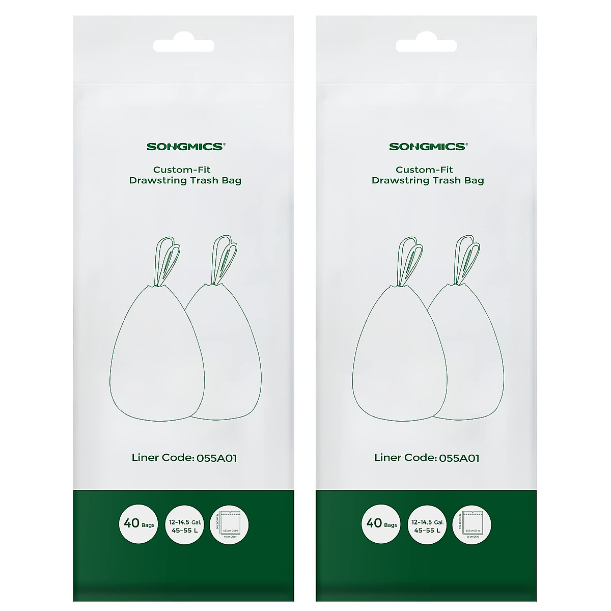 SONGMICS Trash Bags for 12-14.5 Gallon (45-55L) Trash Cans,80 Count Drawstring Kitchen Garbage Bags, Pre-Separated, Liner Code 055A01, 2 Rolls,White UKRB055A02