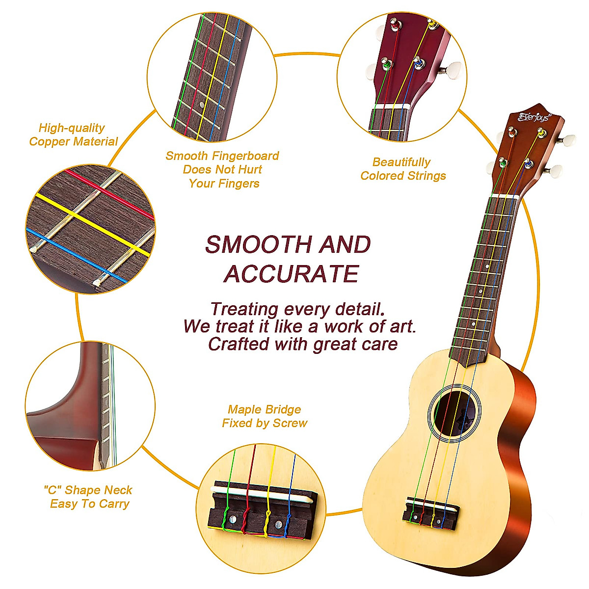 Everjoys Soprano Ukulele Beginner Pack-21 Inch w/Rainbow String Free Online Lesson Gig Bag Fast Learn Songbook Digital Tuner Pick All in One Kit