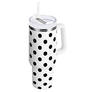 Black White Polka Dot Print Tumbler with Handle and Straw Lid, 40 oz Insulated Coffee Cup Stainless Steel Water Bottle Travel Mug Cupholder Friendly,Gifts for Women Men