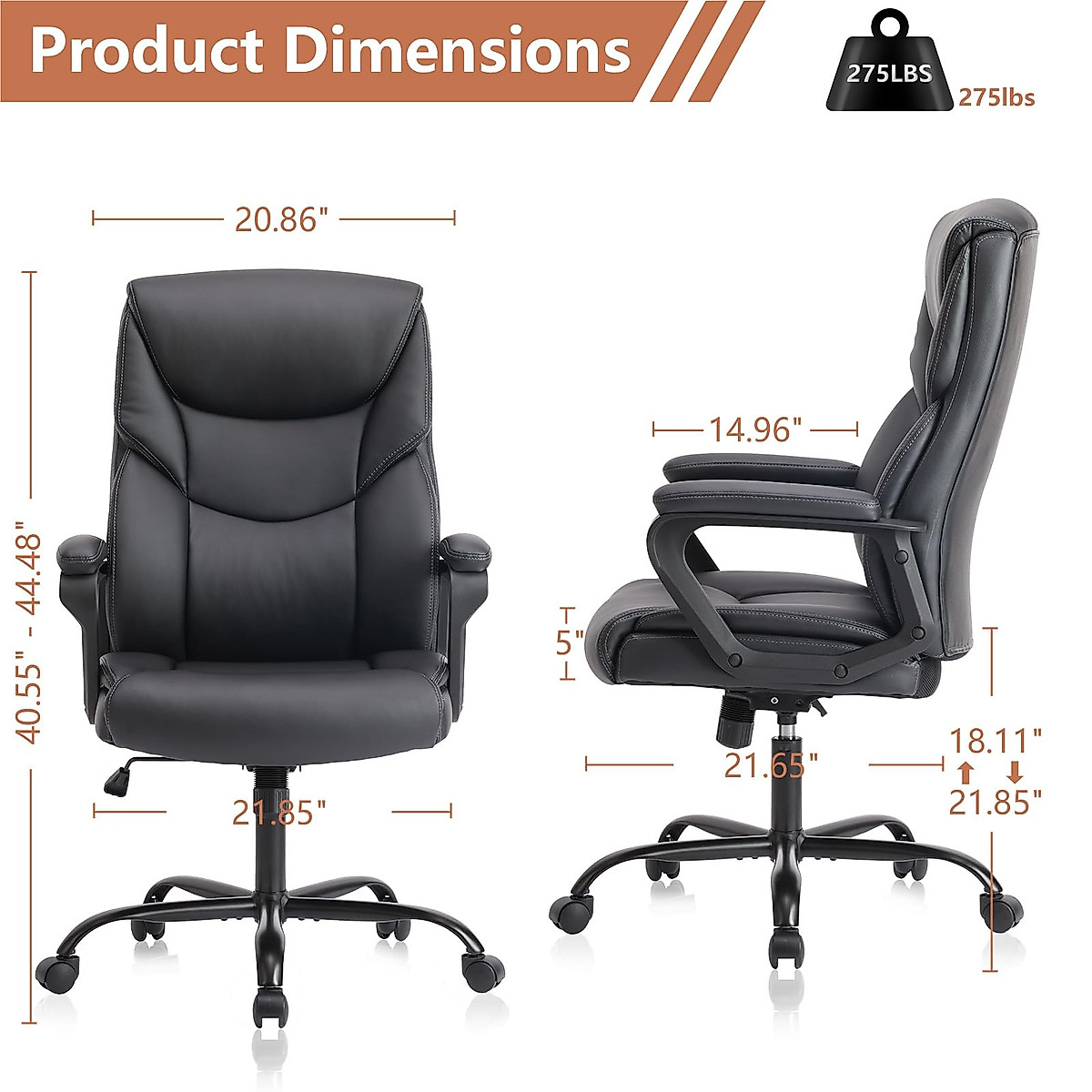 Office Desk Chair Ergonomic Rolling Swivel Home Office Desk Chairs,High Back Computer Chair PU Leather Executive Task Chair with Padded Armrests/Adjustable Height/Tilt,Black