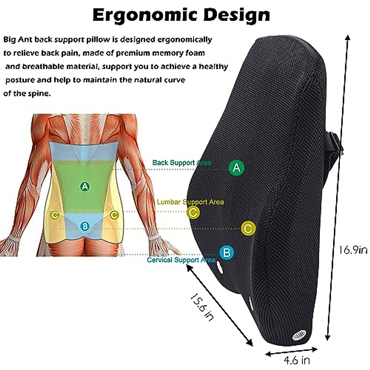 Big Ant Lumbar Support Pillow for Car, Car Back Support for Lower Back Pain with Ergonomic Design, Memory Foam Lumbar Back Support Cushion for Car Seat Home Office Chair Wheelchair, Black