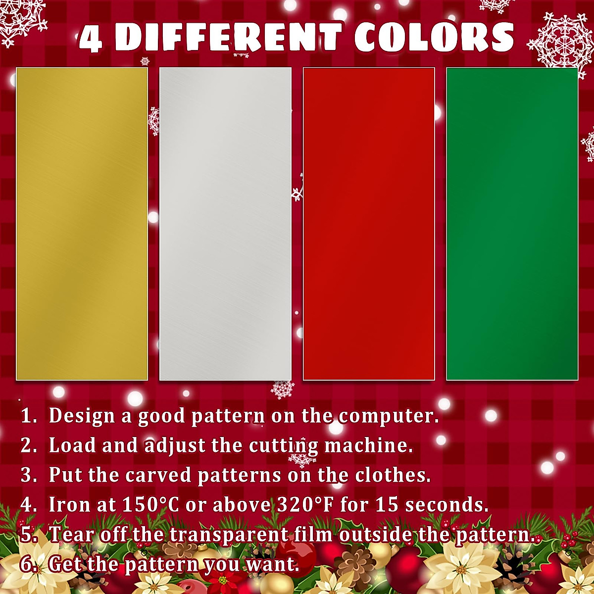 Whaline 9 Sheet Christmas Heat Transfer Vinyl 4 Colors Xmas Iron on Vinyl Red Green Golden Silver Printed HTV Adhesive Craft Vinyl for Clothing Costume DIY Fabric Craft, 9.6 x 11.8 Inch