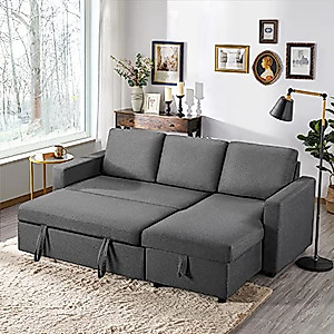Yaheetech Sectional Sofa L-Shaped Bed w/Chaise, Reversible Couch Sleeper w/Pull Out Bed & Storage Space, 4-seat Fabric Convertible Sofa, Suitable for Living Room Dark Gray