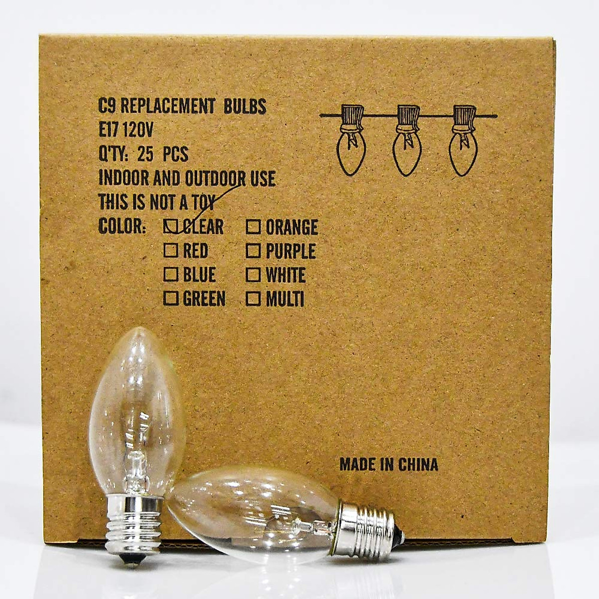 SUNSGNE 25 Pack C9 Clear Replacement Bulbs, C9 Christmas Light Bulbs Clear Incandescent Bulbs for Christmas Vintage String Light, E17 Intermediate Base, 7 Watt, Clear