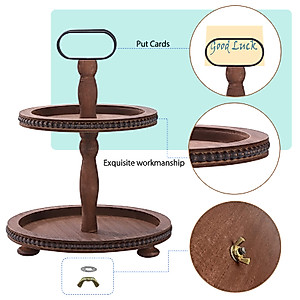 Urban Deco Wooden Decorative Tray Two Tiered Tray Decorations Round Serving Tray with Metal Handle, Wooden Cupcake Stand for Party Tiered Dessert Stand - Dark Brown Farmhouse Wooden Tray