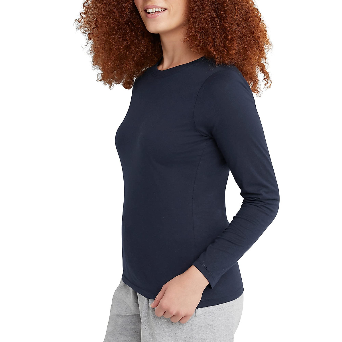 Hanes Long Sleeve Cotton T-Shirt, Lightweight Crewneck Tee for Women, Modern Fit, Navy, 2X Large