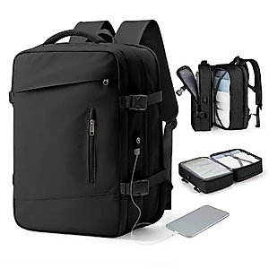 Large Travel Backpack for Women Carry On Airline Flight Approved Expandable Work Personal Item size Backpack Bag with Laptop compartment for College Men Hiking Waterproof Mochila de Viaje Black