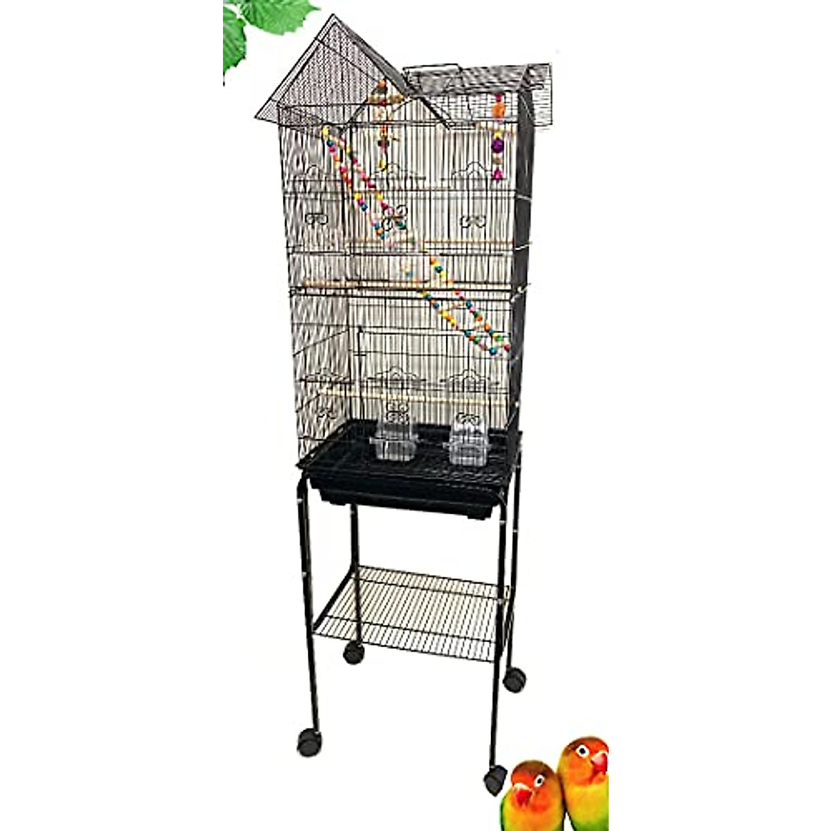 Large Canary Parakeet Cockatiel Lovebird Finch Roof Top Bird Cage with Stand -18"x14"x63" (Black with Toy)