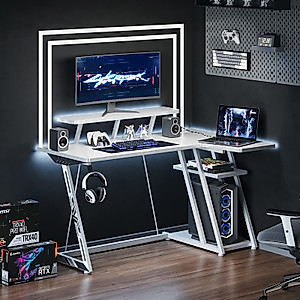 MOTPK Gaming Desk L Shaped, Small Corner Desk with Storage Shelf & Power Outlets, Computer Desk with Monitor Shelf, L Shaped Desk with Carbon Fiber Surface, Gamer Desk Gaming Table, White, 47 Inch