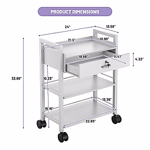 biosp Salon Trolley Cart, 3 Tier Trolley On Wheels, Wooden Medical Dental Esthetic Mobile Untility Cabinet with Steel Frame, White Rolling Storage Station with 1 Lockable Drawer for Spa, Massage