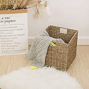 StorageWorks Rectangular Wicker Baskets for Shelves, Seagrass Hand-Woven Baskets with Linings, Medium, 10 ¼ x 10 ¼ x 10 ¾ inches, 2-Pack