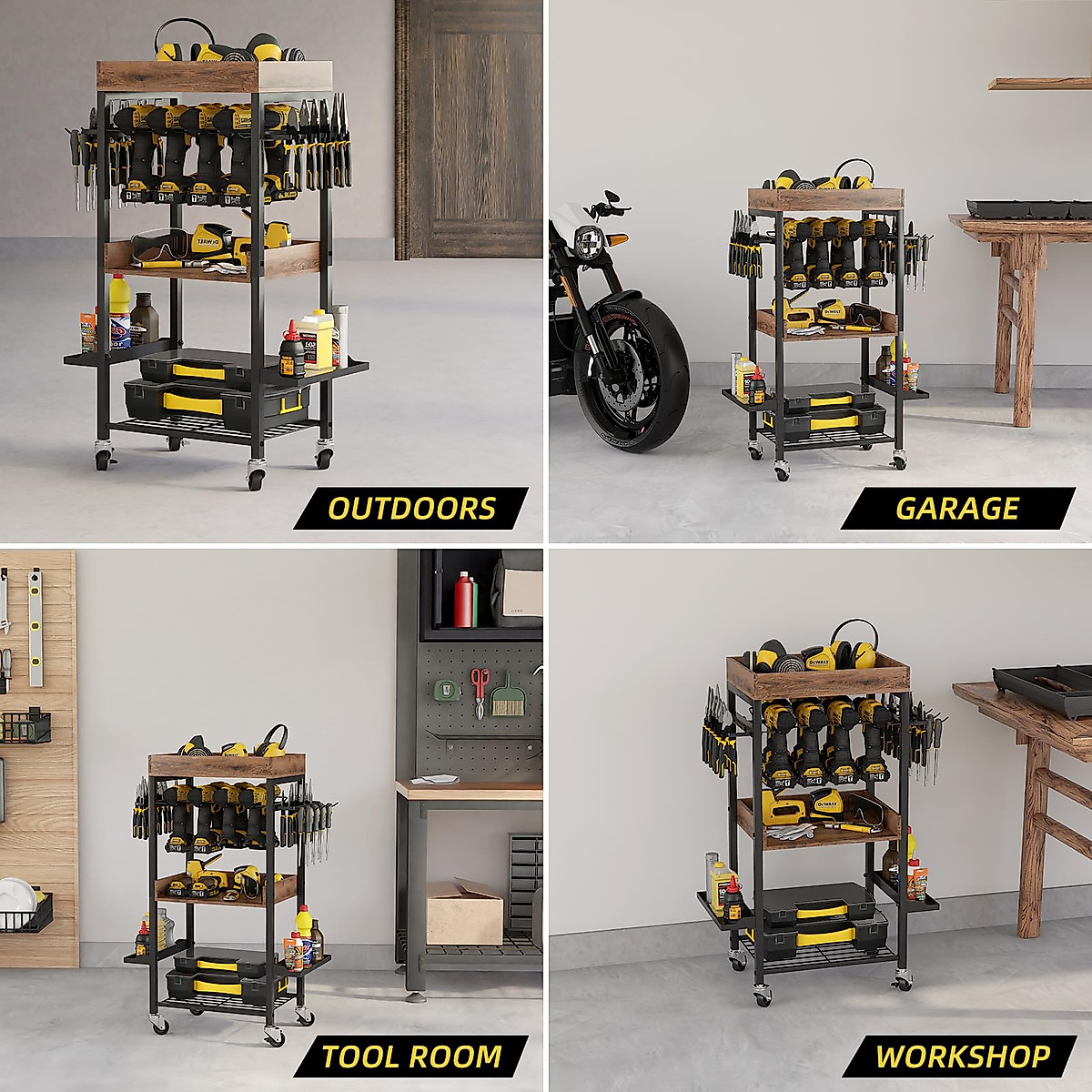 Power Tool Organizer Cart, Metal Rolling Tool Chest with Wheels, 4 Layer Garage Tool Storage Organization Shelving, Movable Drill Rack Tool Holder for Workbench, Workshop and Garage