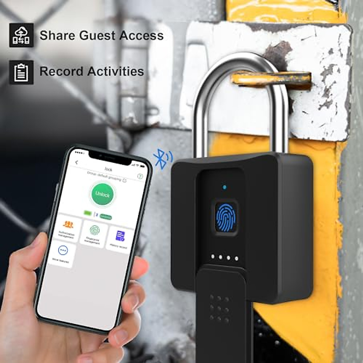 Fingerprint Padlock with Key Backup, Dhiedas Pad Lock with Fingerprint Bluetooth Key Waterproof Heavy Duty Combination Lock for Outdoor Fence Gate Shed Warehouse Gym Storage Yard