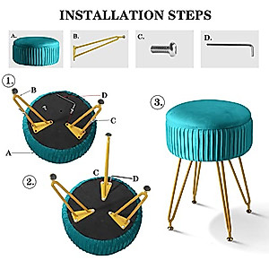ECOMEX Velvet Round Storage Ottoman with Metal Legs, Removable Tray Cover, Upholstered Pleated Round Ottoman with Storage Round Footstool Makeup Vanity Stool for Home Living Room Bedroom, Teal