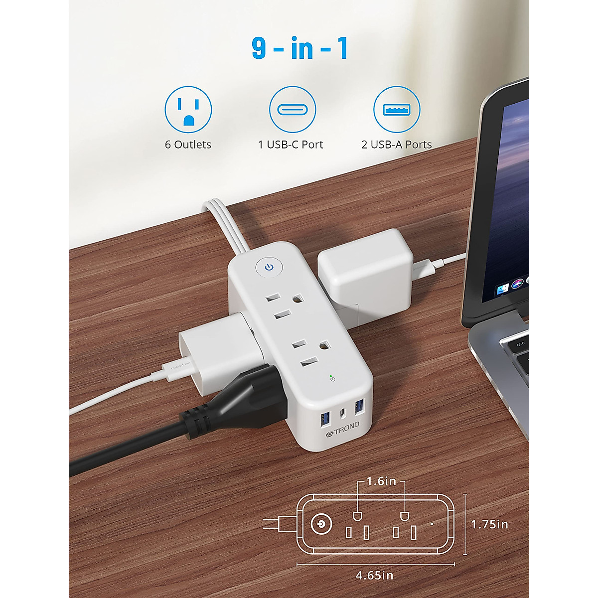Flat Plug Power Strip - TROND 5ft Ultra Thin Extension Cord with 6 Widely Outlets and 3 USB Ports(1 USB C) + TROND Ultra Thin Flat Extension Cord 5ft with 3 USB Ports, 4 Widely-Spaced Outlets