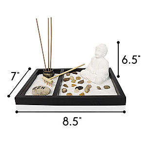 Japanese Mini Zen Garden with Incense Holder, and White Miniature Buddha Statue for Relaxation and Meditation, Perfect Home Desk Decor and Gift Set - 7" x 8.5" x 6.5"