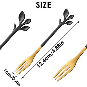 Rovepic 10 Pack Stainless Steel Appetizer Cake Fruit Forks Black Leaf Creative Tasting Dessert Mini Gold 3-Tined Forks Birthday Parties Events Kitchen Accessory Stirring Fork Set 4.8 inch