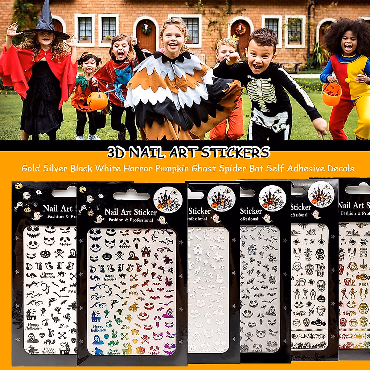 Impressed Nail Art Stickers for Halloween 12 Sheets, 1500+ Self-Adhesive DIY Customized Nail Decals for Halloween Party, Include Pumpkin/Bat/Ghost/Skeleton/Witch etc