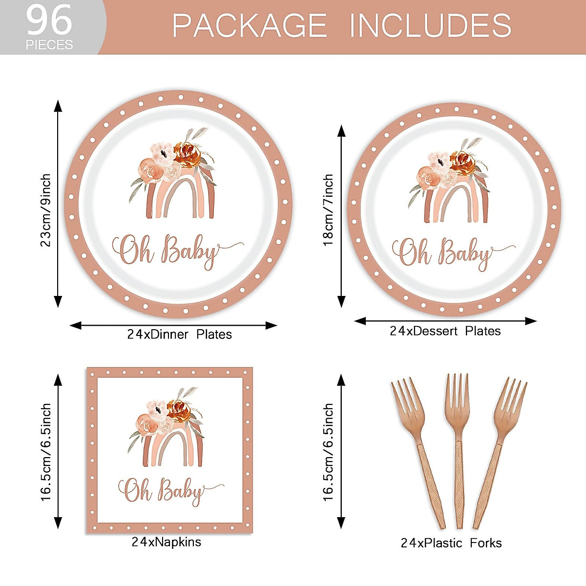 96 Pcs Boho Rainbow Party Paper Plates Napkins, Boho Wedding Baby Shower Girls Birthday Party Decorations Supplies Disposable Dinnerware Tableware Set Serves 24