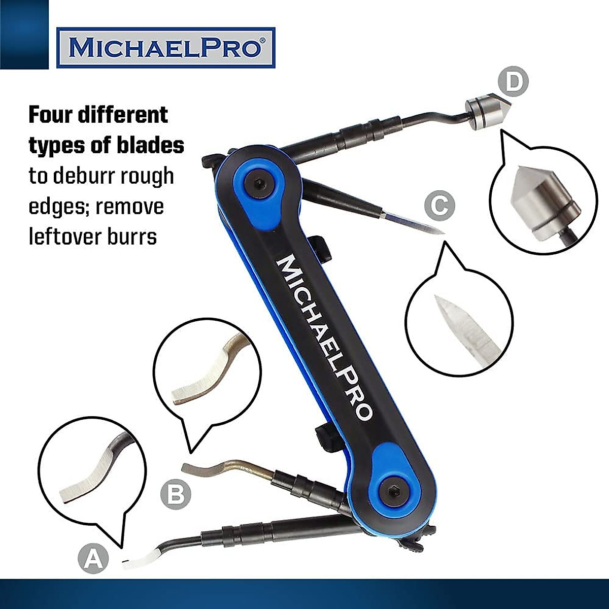 MichaelPro MP009068 Universal 4-in-1 Deburring Tool Set with Multi Blades, Handy & Portable Deburring Kit with 4-in-1 Blades for Steel/Stainless Steel, Aluminum, Plastic, Cast Iron- Black/Blue