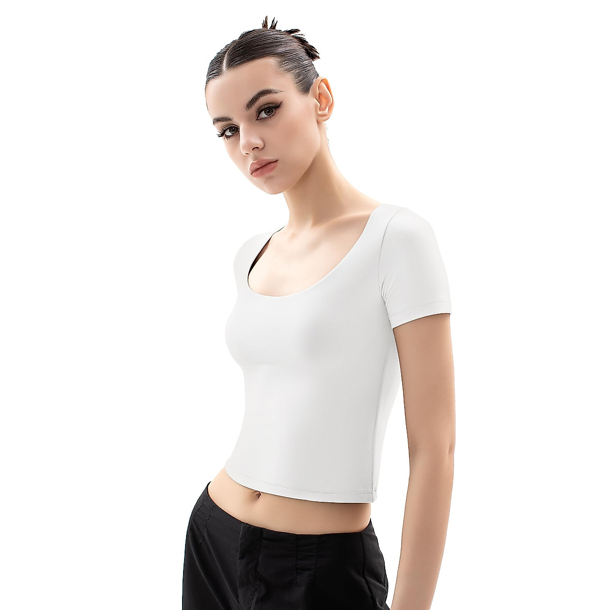 PUMIEY T Shirt for Women Short Sleeve Slim Fit Tops Scoop Neck Sexy Tee Women Clothing Splashed White Small