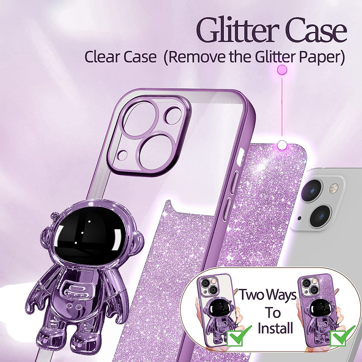 Buleens Astronaut iPhone 13 Mini Case, Clear with Glitter & Spaceman Stand, Purple