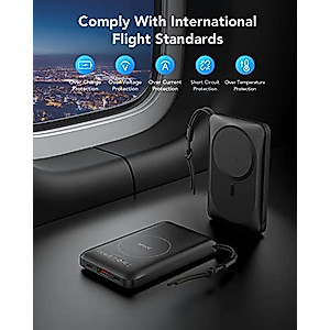 VRURC Magnetic Power Bank, 10000mAh Wireless Portable Charger iPhone, Max 22.5W Fast Charging, USB-C & USB Outputs,Magnetic Battery Charger for iPhone 14/13/12 Series, with Finger Holder - Black