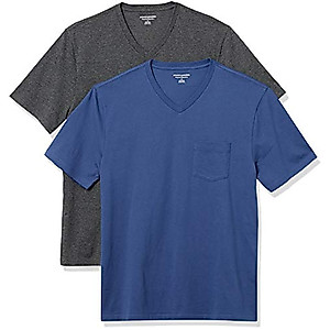 Amazon Essentials Men's Regular-Fit Short-Sleeve V-Neck Pocket T-Shirt, Pack of 2, Blue/Charcoal Heather, X-Large