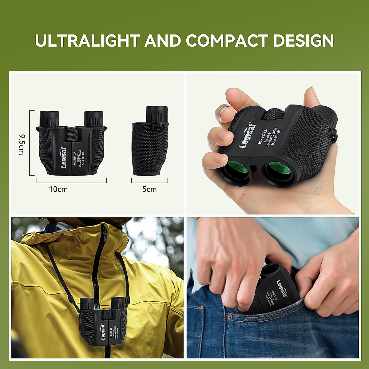 LOGISAF Binoculars for Adults and Kids, 10x25 Compact Binoculars with Low Light Vision, Small Binoculars for Bird Watching High Powered, Hunting, Easy Focus, Waterproof, Outdoor Travel & Hiking