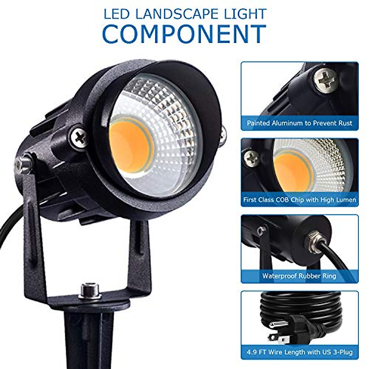 SUNVIE LED Outdoor Spotlight 12W Landscape Lighting 120V AC Waterproof Landscape Lights Spot Lights for Yard with Spiked Stake Warm White Flag Lights Garden Decorative Lamp with US 3-Plug in (6 Pack)