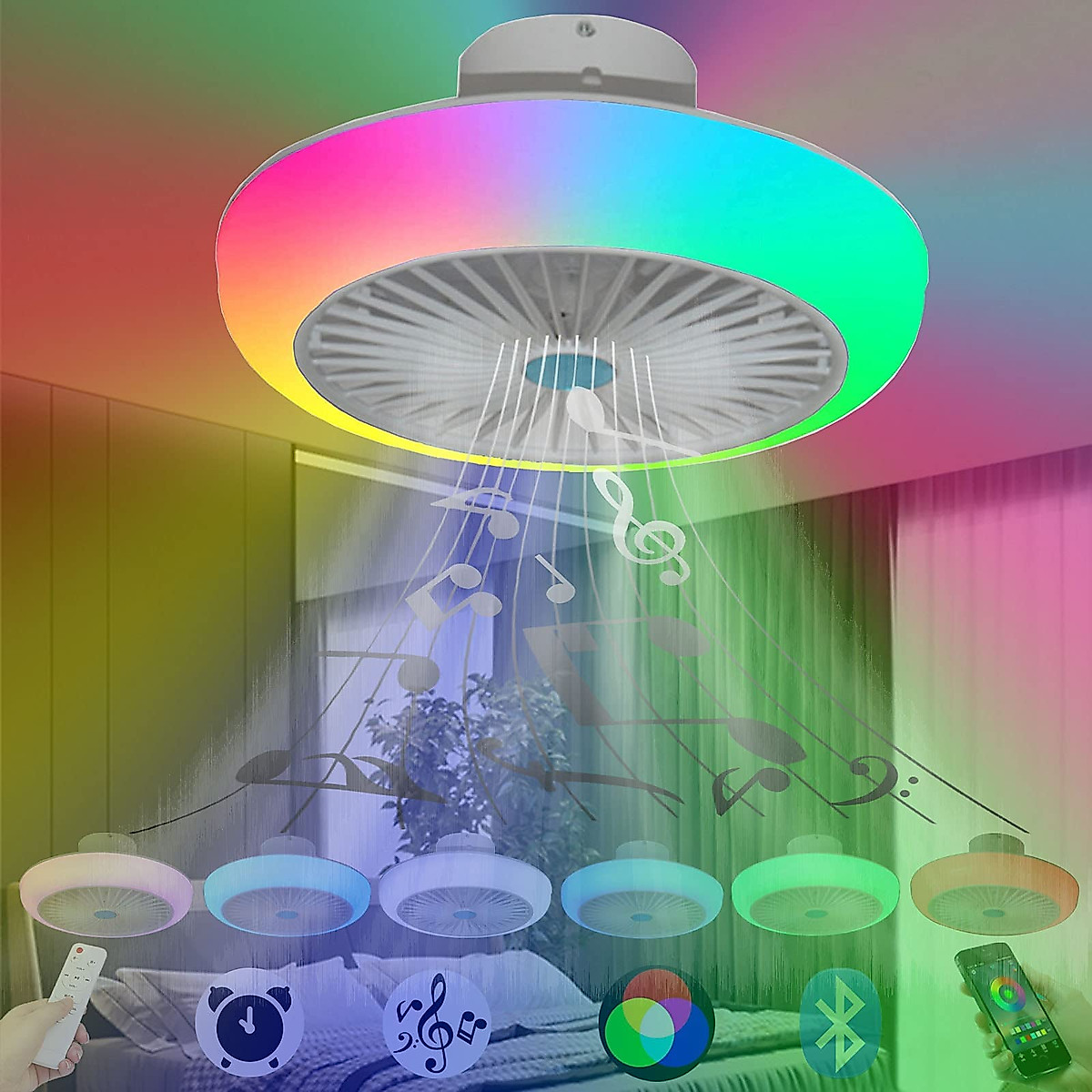 Ceiling Fans with Lights and Remote Bluetooth, RGB Dimmable LED Enclosed Ceiling Fans for Kids Room, with Bluetooth Speaker And 3 Colors Led Light, 3 Wind Speed & App-Timing Setting, White 17.7''
