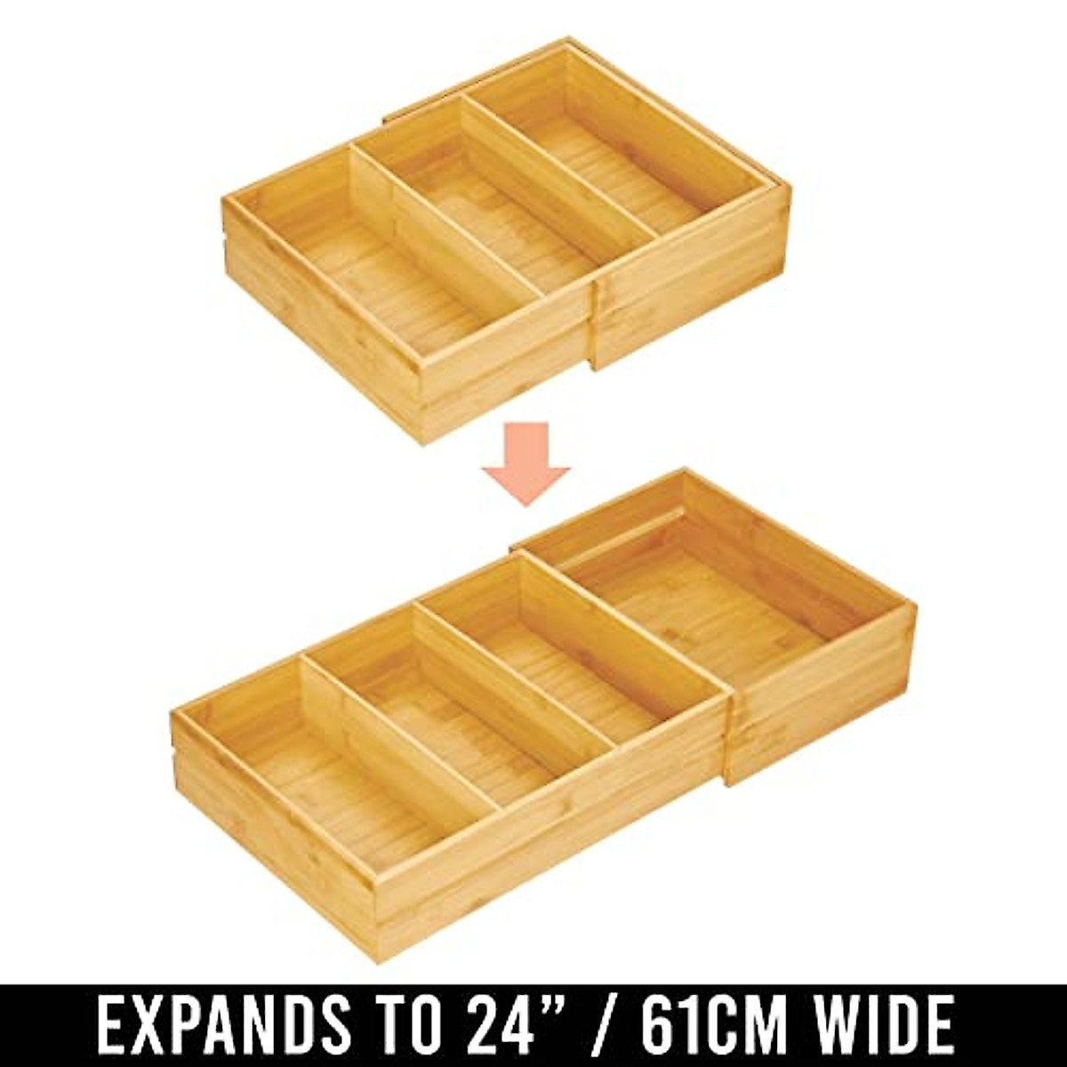 mDesign Bamboo Wood Expandable Deep Kitchen Drawer Organizer Tray Bin for Kitchen; Organize Drawers, Counters, Shelves; Holds Plasticware, Lids, Towels, Utensils; Home Sort Collection - Natural