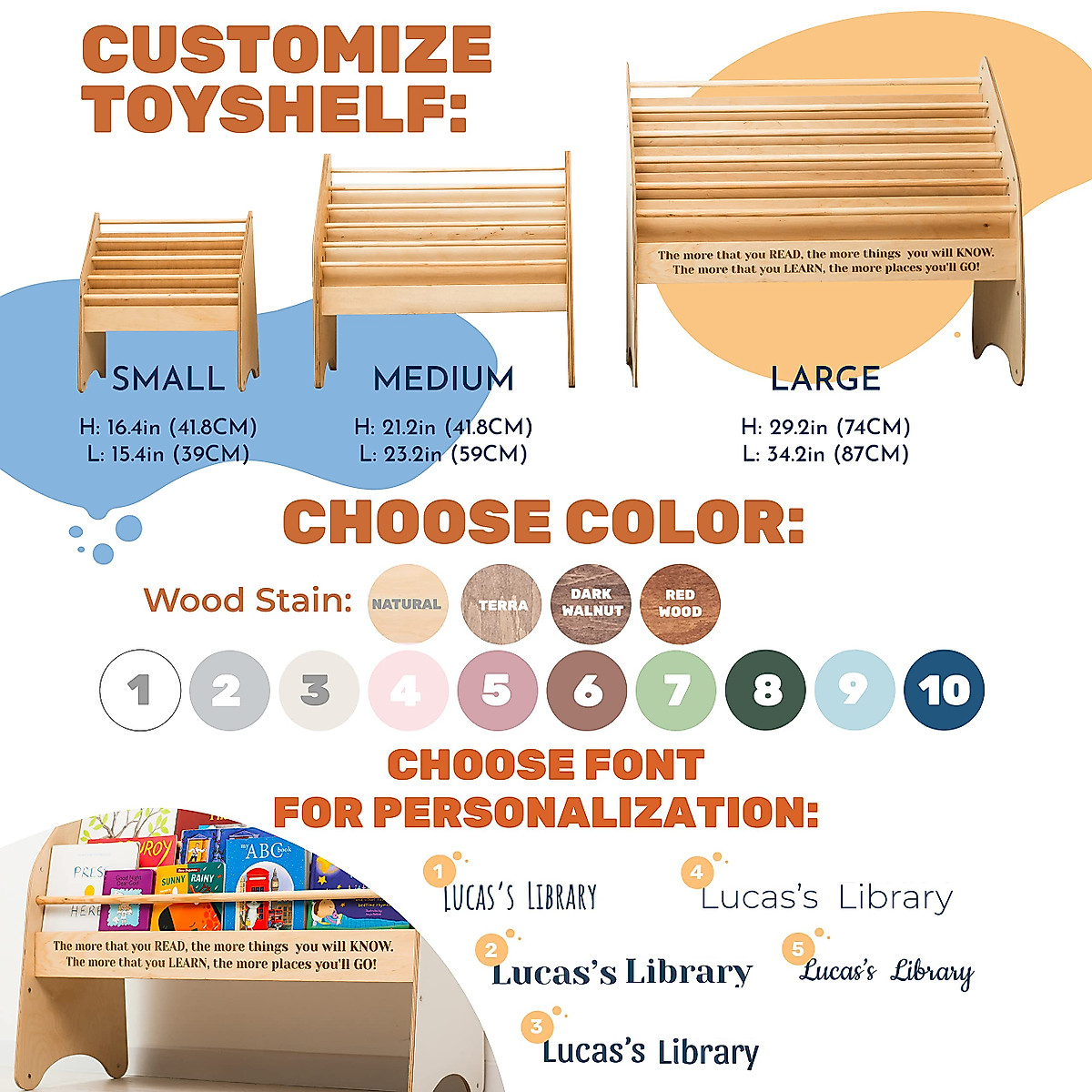 Montessori Bookshelf for Toddler Wood Kids Playroom Furniture Natural Wooden Nursery Gift Birthday Baby Neutral Room Storage Shelf Large Bookcase Child Decor Idea (Small, Natural)