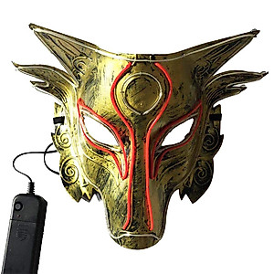 Amosfun Halloween Wolf LED Mask Wolf Head Light Up Mask Animal Costume Mask Halloween Cosplay Face Cover (Without Battery) Gold