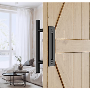 HomLxclx 12" Sliding Barn Door Handle Pull and Flush Hardware Set, Black Powder Coated Finish Round Shape,Heavy Duty Barn Door Handles-Fit 1 3/8-1 3/4" Thickness Door Panel, Easy to Install1