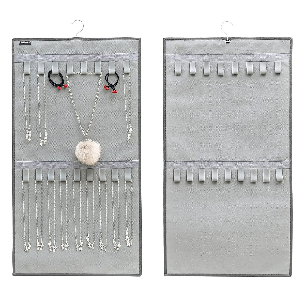 ANZORG Dual-sided Hanging Jewelry Organizer with 34 Hook Loops Wall Mounted Necklace Holder Jewelry Display Storage Hanger for Bracelet Chain (GREY)