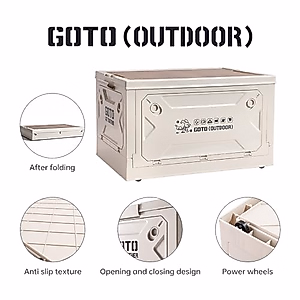 GOTO 50L Folding Storage Box with Wooden Lid, Stackable Foldable Storage Bin with Wooden Cover, Side Opening Folding Storage Containers for Camping, Car Trunk, Home Sorting (Army Green)
