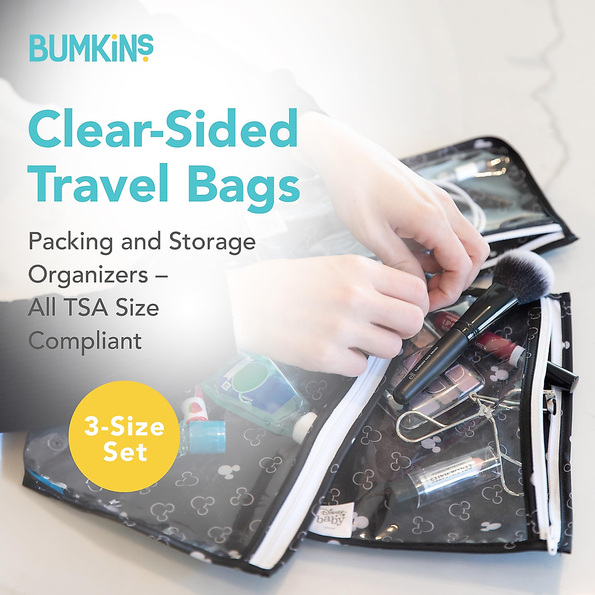 Bumkins Disney Travel Bag, Toiletry, TSA Approved Pouch, Zip Bag, Quart Size Airline Compliant, Clear-Sided, Baby, Diaper Bag Organization, Accessories, Packing, Set of 3 Sizes, Mickey Mouse Icon