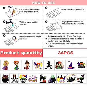 34Pcs Halloween Temporary Tattoos for Kids, Kids Hocus Pocus Witch Party Supplies, Cute Hocus Pocus Party Favors Fake Tattoos Stickers Party Decorations for Kids Boys Girls School Rewards Gifts
