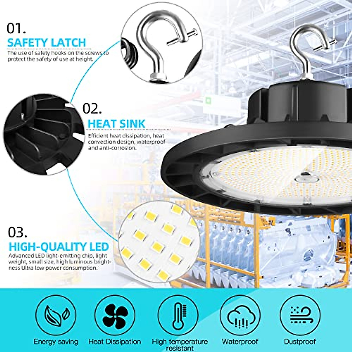 SASITE LED High Bay Light 150W, Super Bright led Shop Light 21,000LM Daylight, IP65 Waterproof Commercial Warehouse Area Light, 1-10V Dimmable High Bay Shop Light