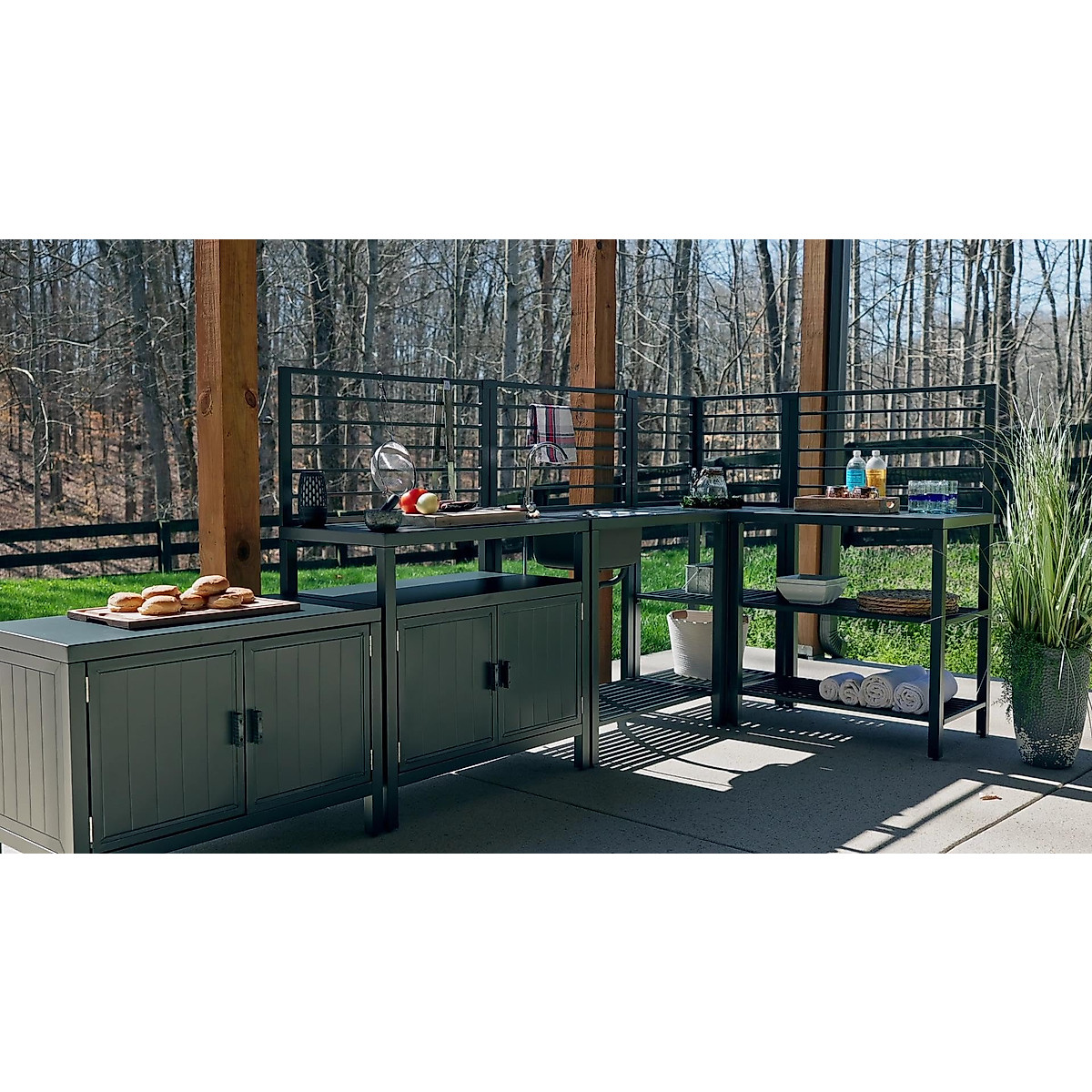 Domi 5-Piece Outdoor Kitchen Island with Storage, Aluminum Kitchen Islands Stainless Steel Sink w/Faucet, Corner Bar Storage Cabinet, Outdoor Kitchen with Protective Cover for Deck, Patio