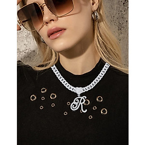 RLMOON Cursive Silver Initial Necklace for Women Miami Iced Out Cuban Chain Choker Necklace Diamond Initial Heart Pendant Letter Necklace Alphabet Hip Hop Jewelry M
