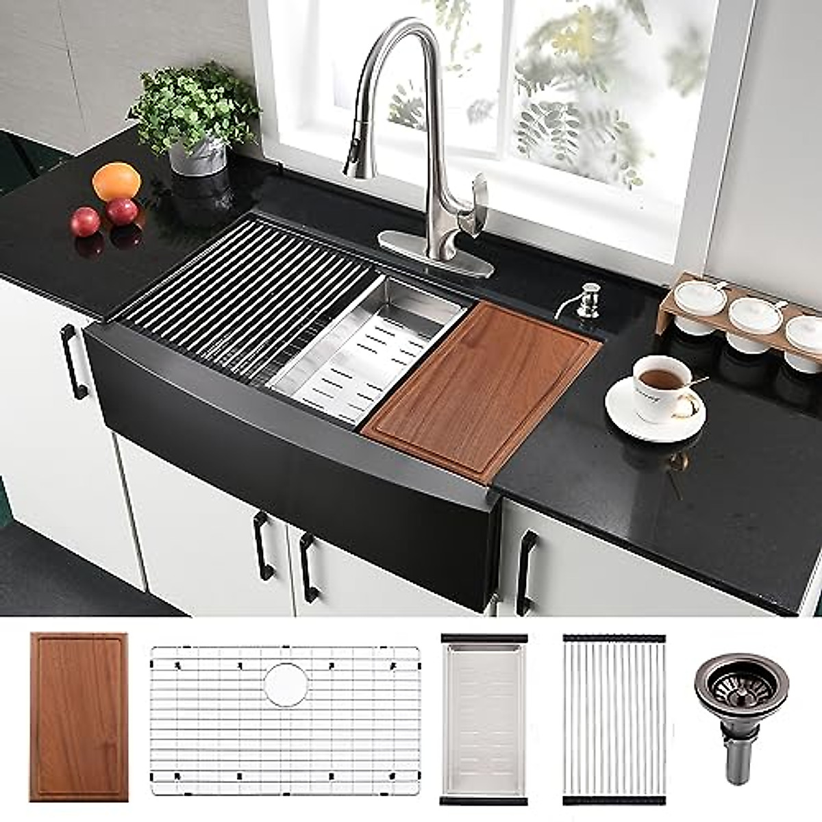 33 Inch Farmhouse Sink Workstation Black - WXOHF 33 inch Farm Sink Apron Front Workstation Kitchen Sink Single Bowl 16 Gauge Farm Sink With Cutting Board