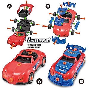 JOYIN Take Apart Toy Racing Car Construction Toys Build Your Own Race Car Set with Light and Sound Real Working Drill and Screws Over 50 Pieces Construction Vehicle Car Toy