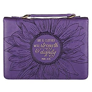 Christian Art Gifts Women's Fashion Bible Cover Strength and Dignity Proverbs 31:25, Purple/Gold Sunflower Faux Leather, Large