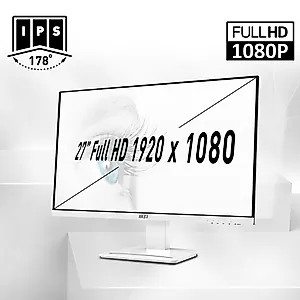 MSI Pro MP273AW, 27" Monitor, 1920 x 1080 (FHD), IPS, 100Hz, TUV Certified Eyesight Protection, 4ms, Displayport, HDMI, Tilt, White