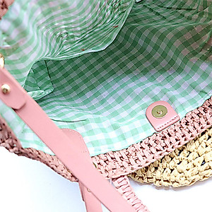 QTKJ Fashion Hand-Woven Soft Large Shoulder Bag Boho Straw Leather Handle Tote Retro Summer Travel Beach Handbag (Pink)